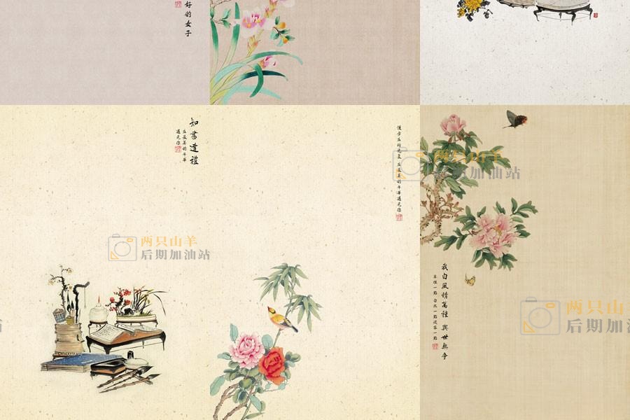 PSD模板-中国古风工笔画亚麻肌理古装影楼PSD模板32P – 两只山羊后期加油站