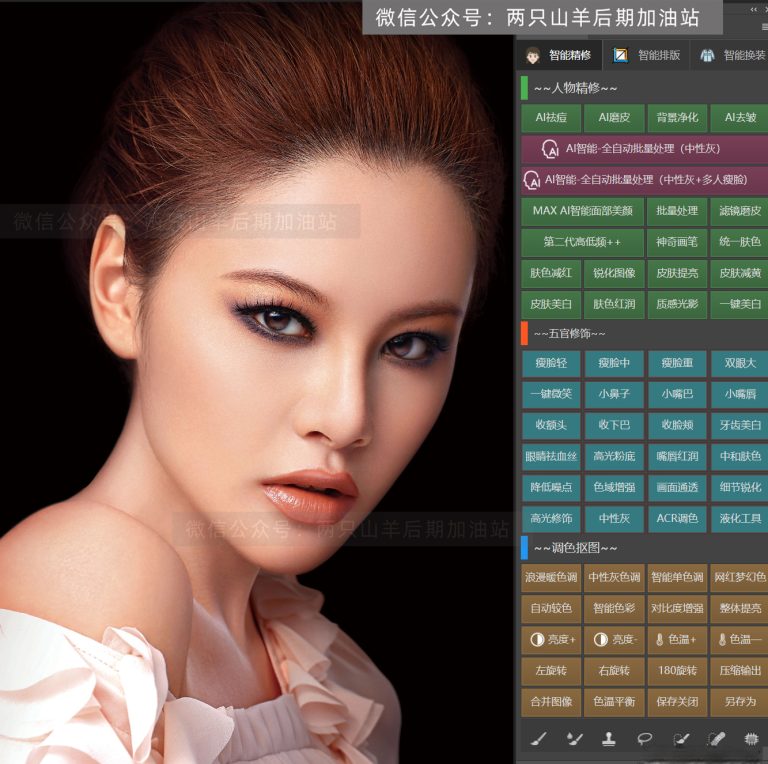 PS插件-Ai智能一键质感磨皮瘦脸美白调色证件照排版 – 两只山羊后期加油站