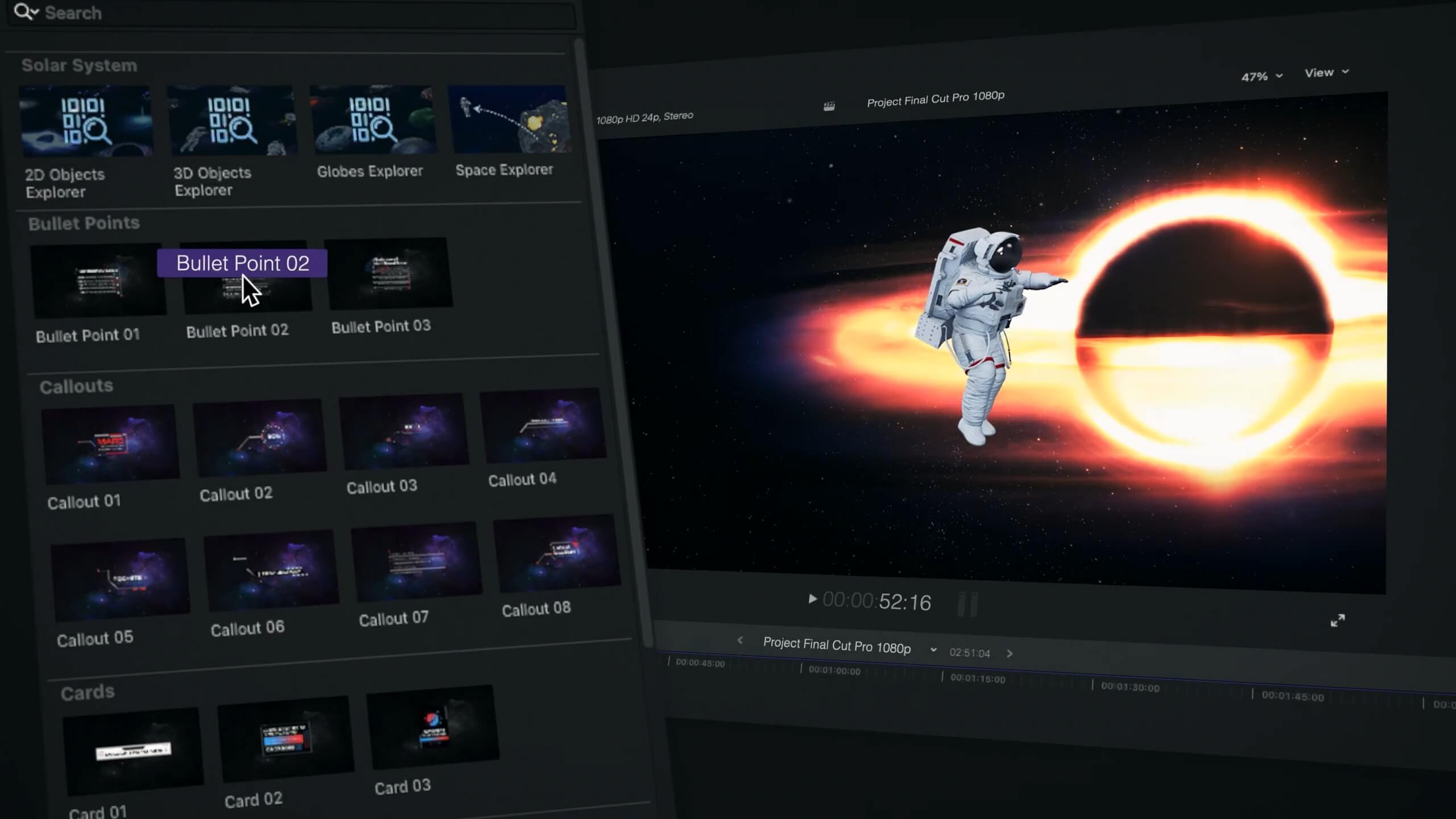 FCPX中文插件-30组太空科幻宇宙风格文字标题字幕动画 Cosmos – 两只山羊后期加油站